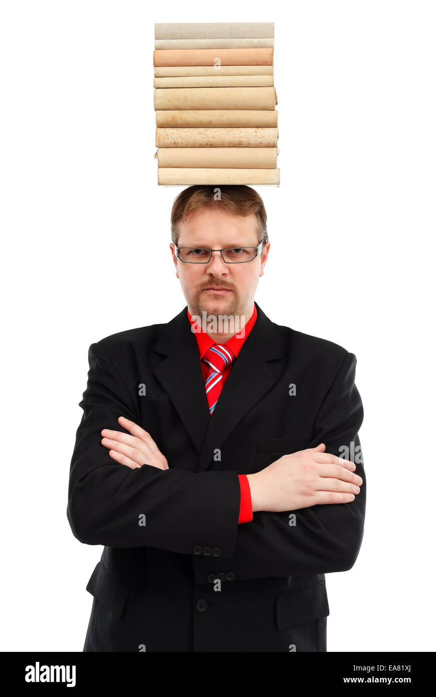 Business man with lots of stacked books on head Stock Photo - Alamy