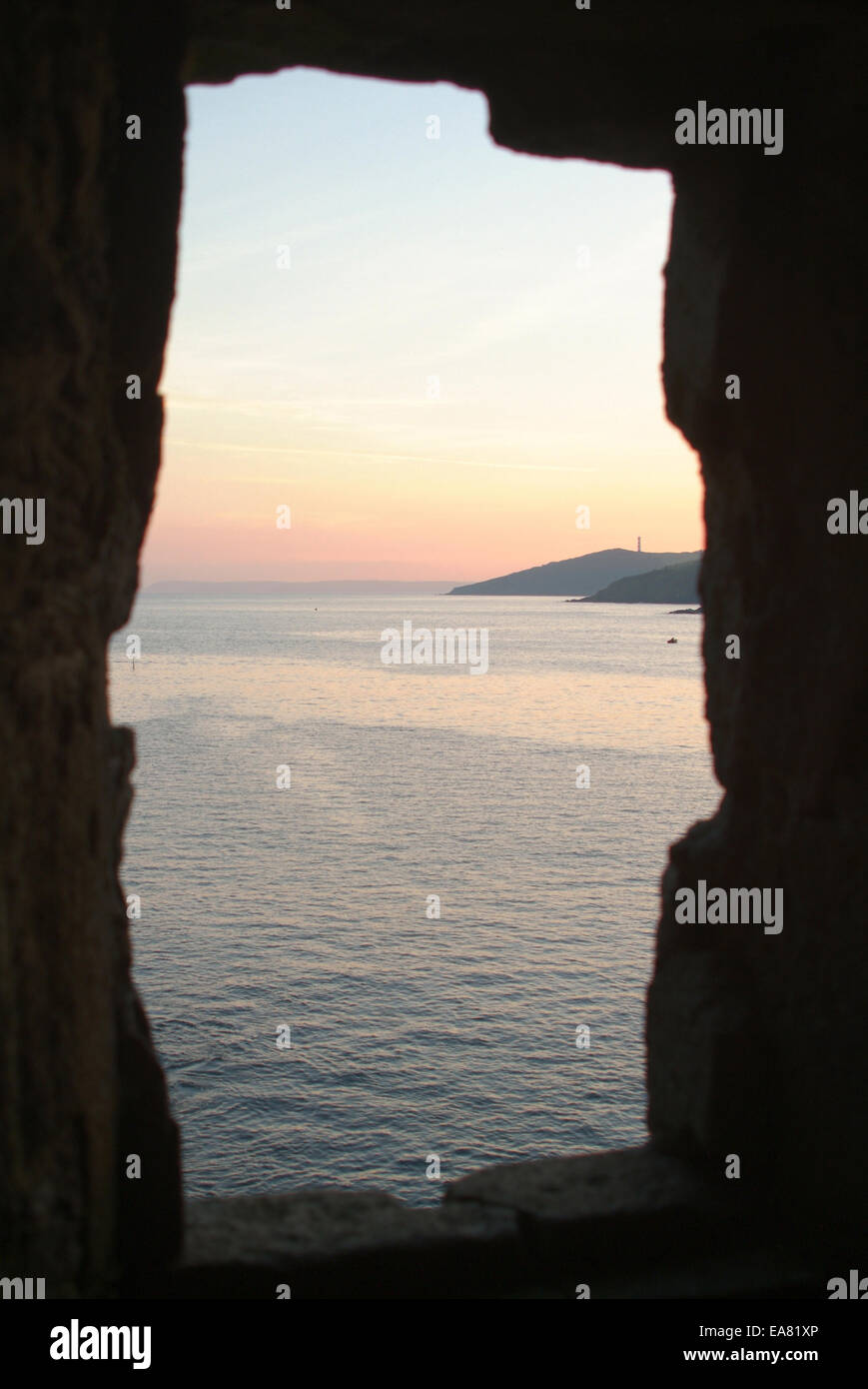 Coastal view through window of Polruan Castle 15th Century Blockhouse ...