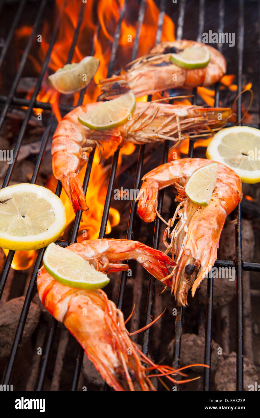 Fresh grilled prawns on fire Stock Photo - Alamy
