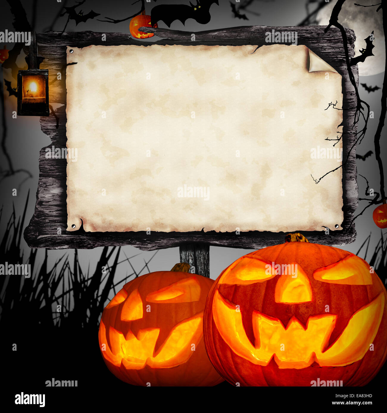 Scary halloween concept with wooden blank board Stock Photo - Alamy