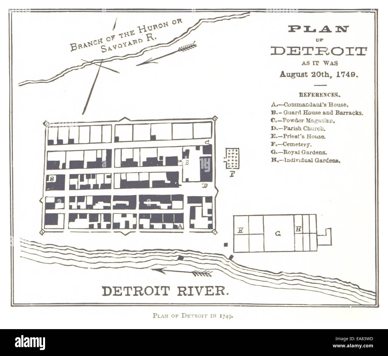 An 1884 map illustrating Detroit's layout in 1749, depicting its early ...