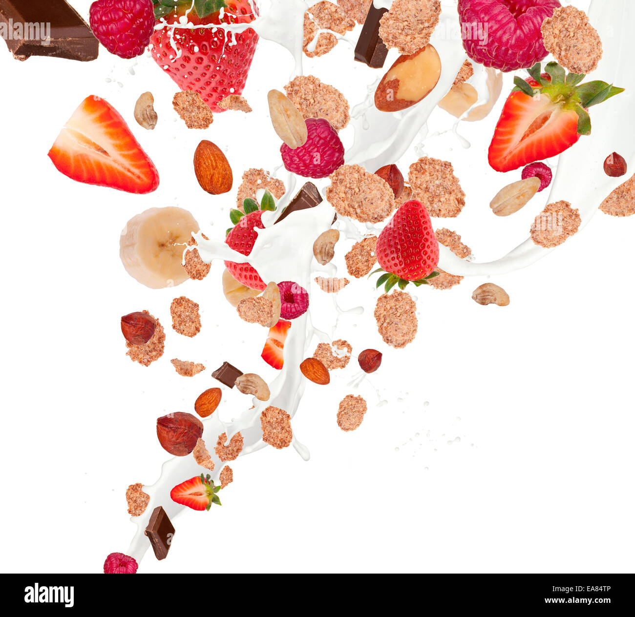 Healthy food and milk with flying cereals and fruit, isolated on white ...