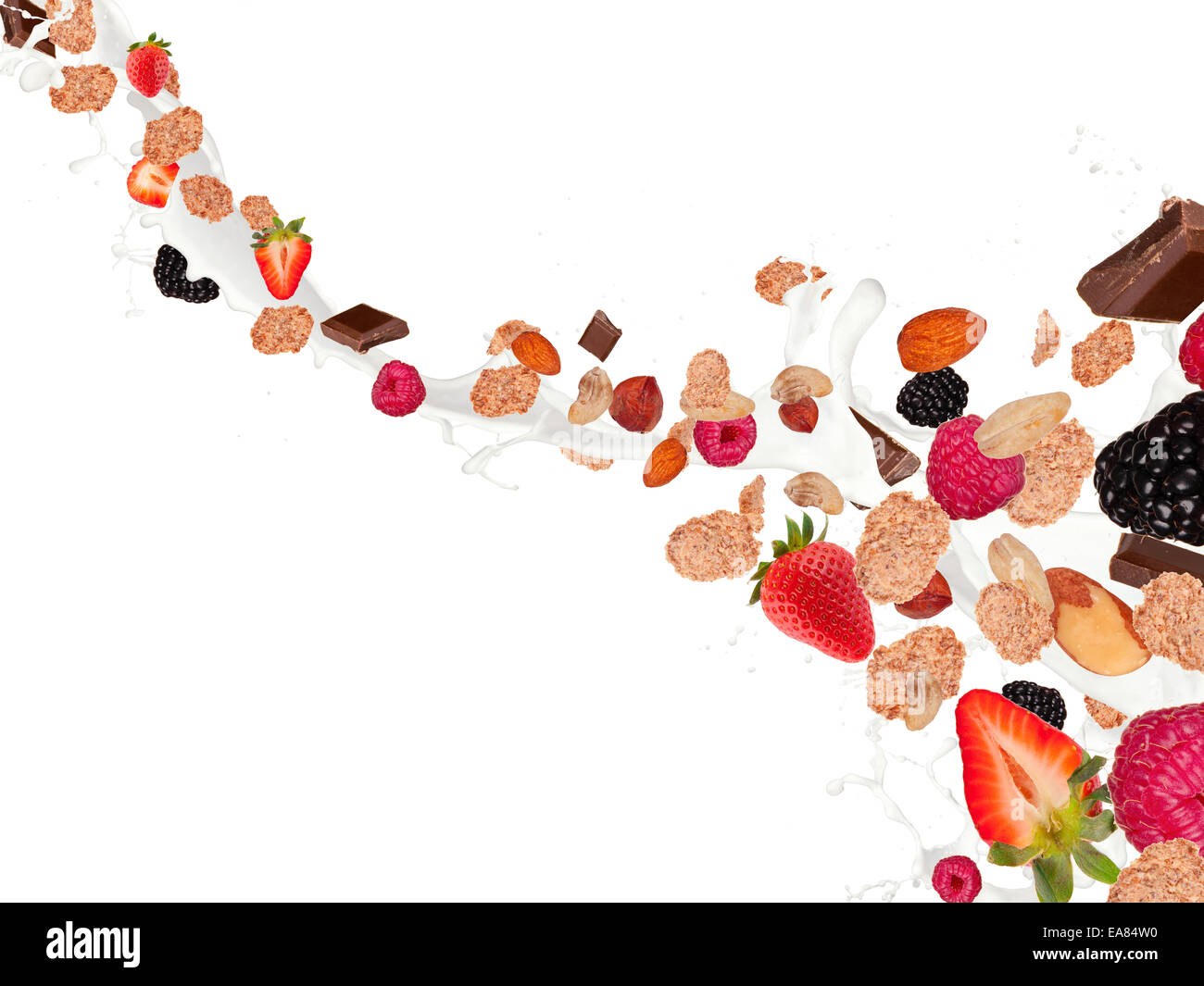 Healthy food and milk with flying cereals and fruit, isolated on white ...