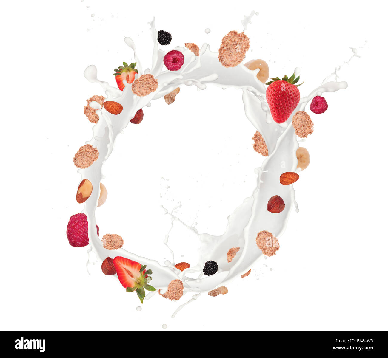 Healthy food and milk with flying cereals and fruit, isolated on white ...