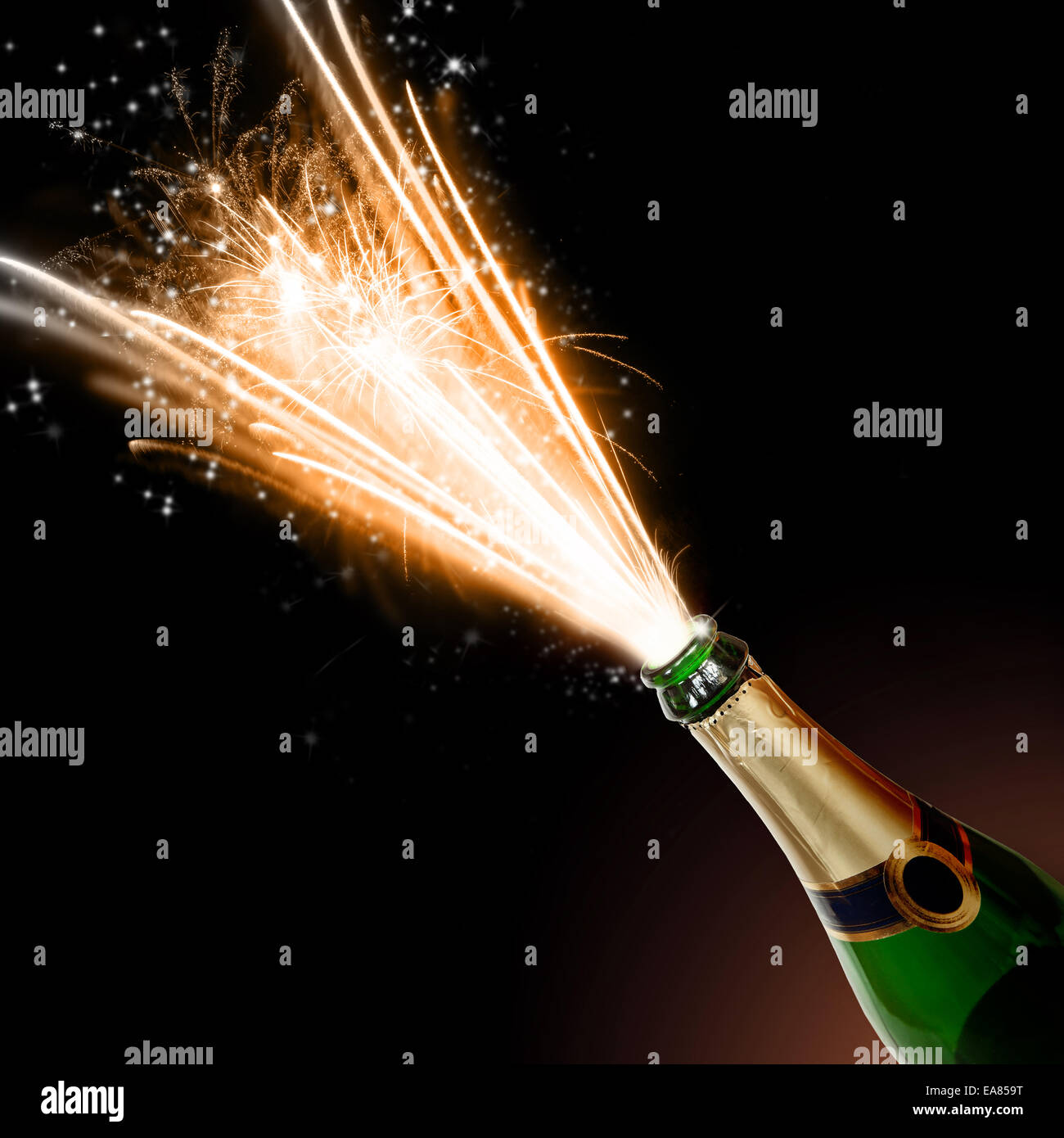 Champagne bottle with blasting fire, isolated on black background Stock ...