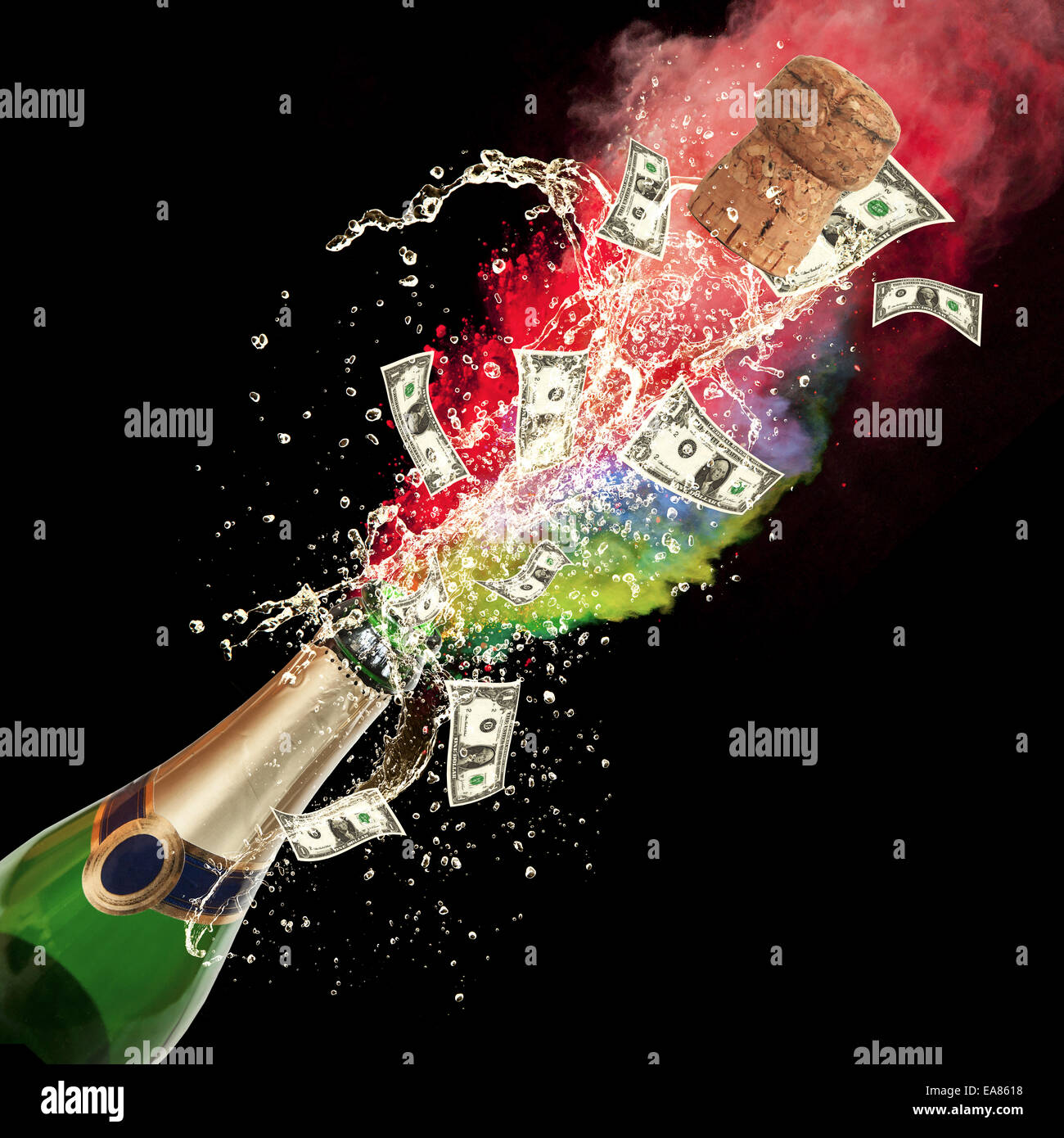 Celebration event with concept of dollar bank-notes splashing out of ...