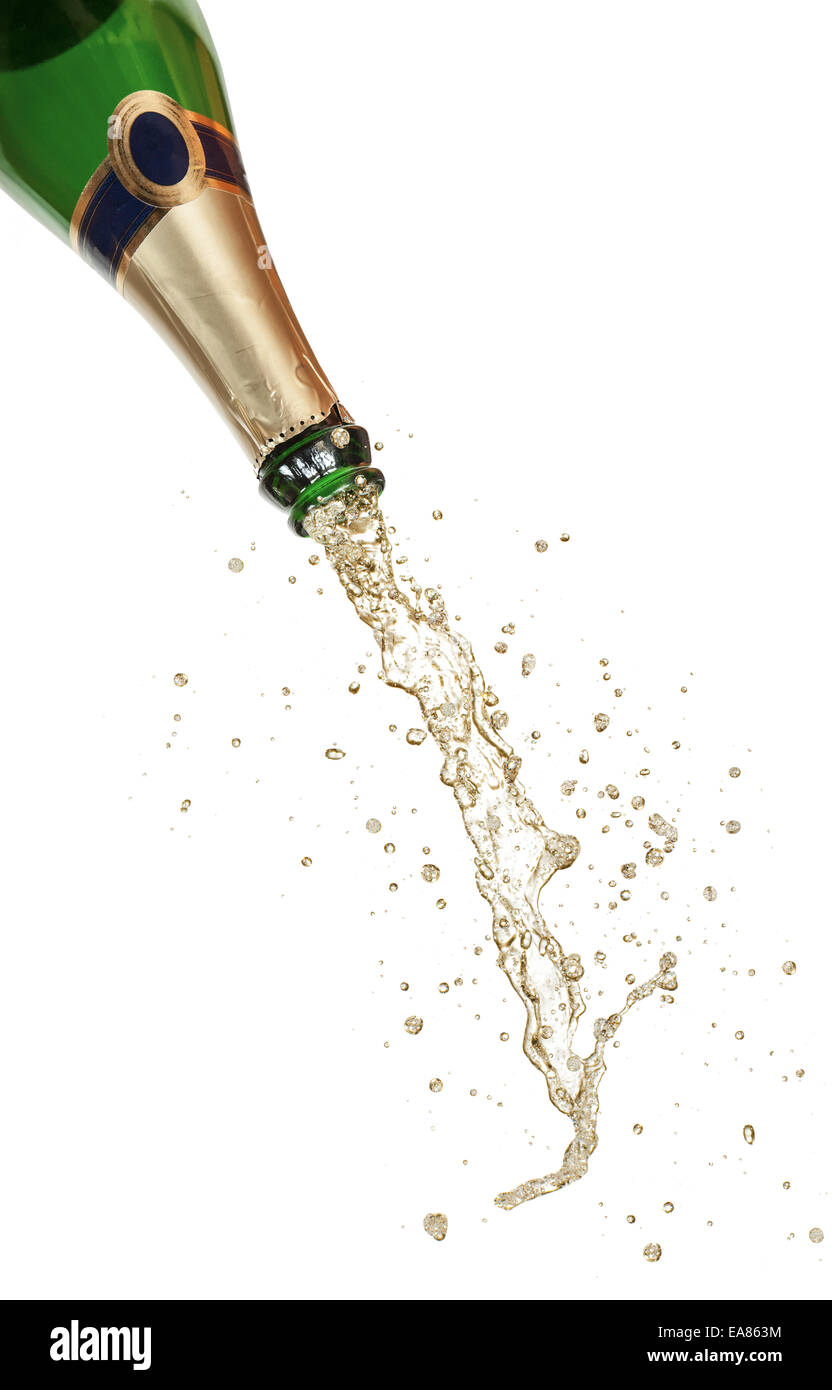 Bottle of champagne with splash on white background Stock Photo - Alamy