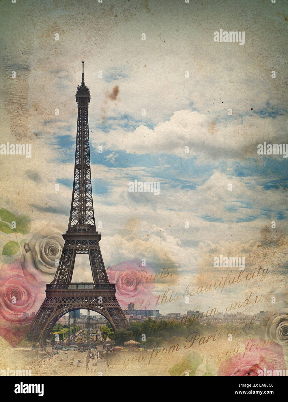Retro styled card with Eiffel tower and roses Stock Photo - Alamy