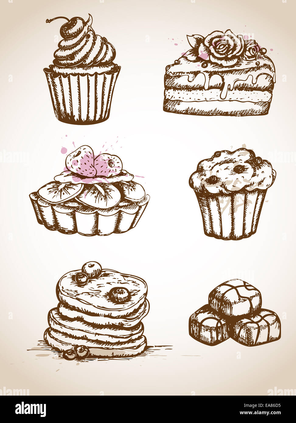 Set of vintage hand drawn cakes and chocolate Stock Photo - Alamy