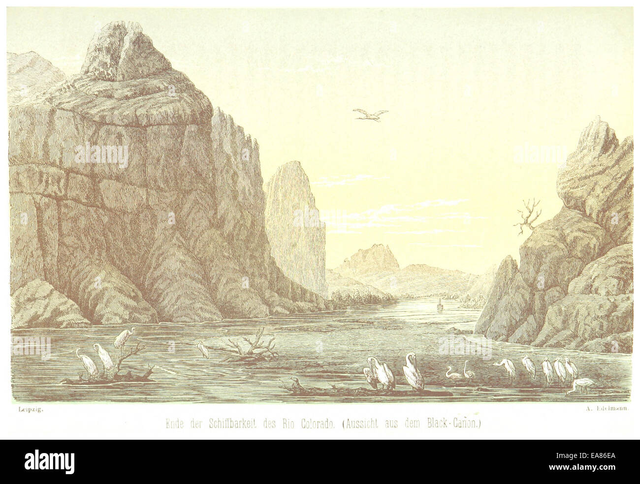 An 1861 work by Möllhausen depicting the end of the navigability of the ...