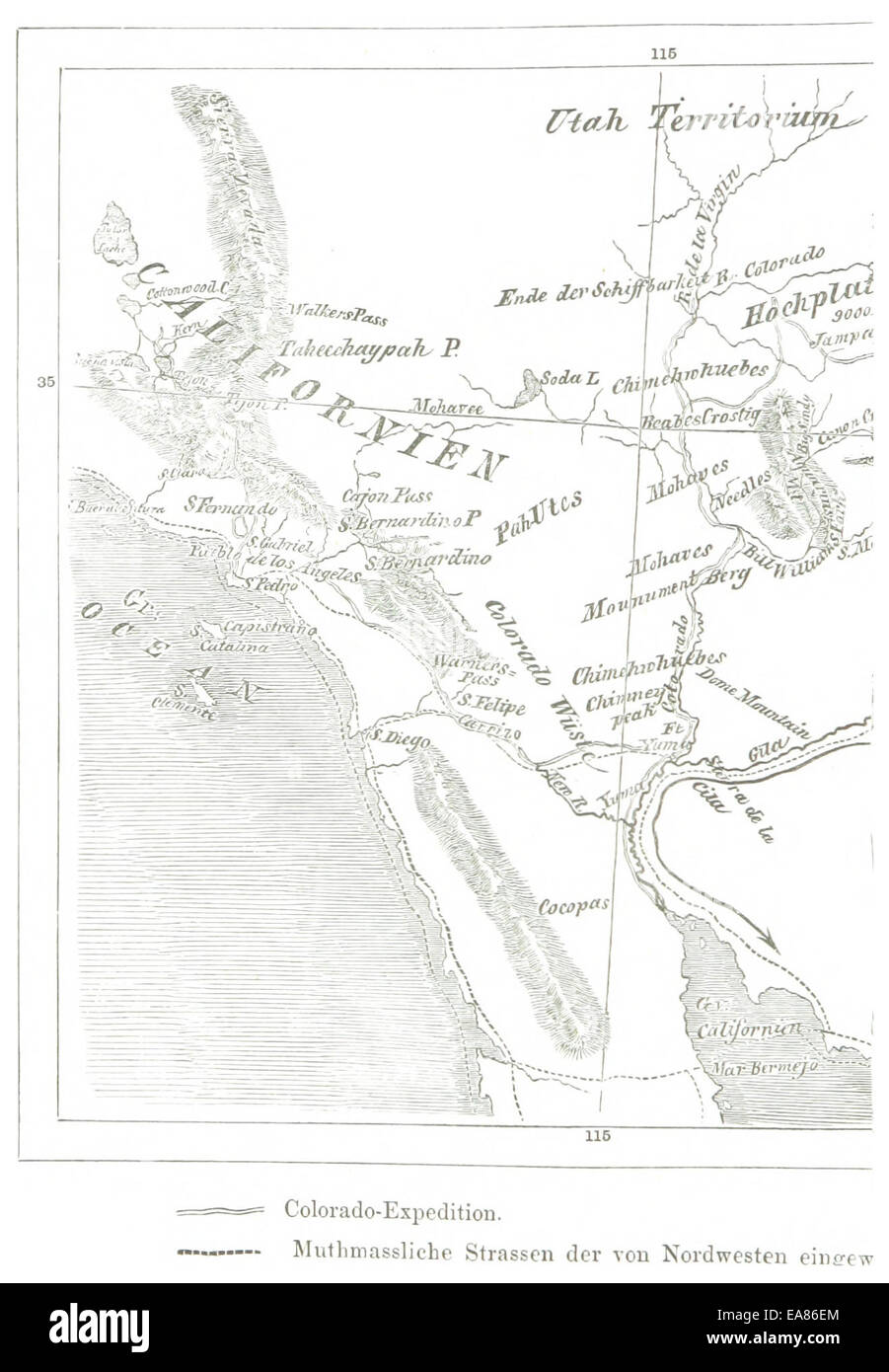 An 1861 map from Möllhausen, illustrating the Colorado Expedition. This ...
