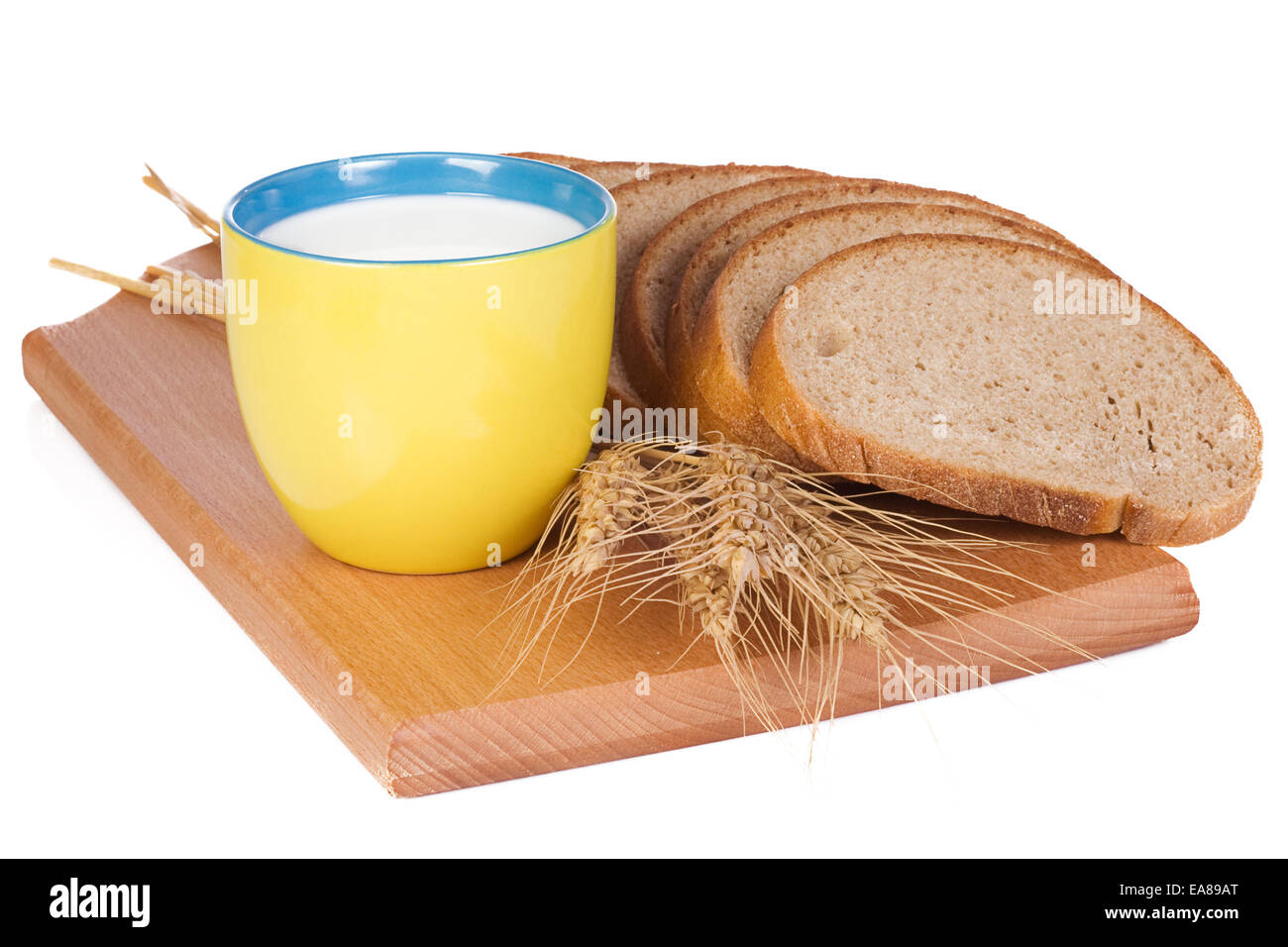 cup, bread and wooden board Stock Photo - Alamy