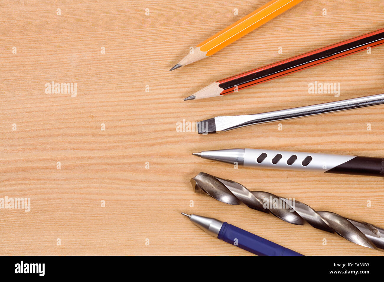 tools, pencil and pens at table Stock Photo - Alamy