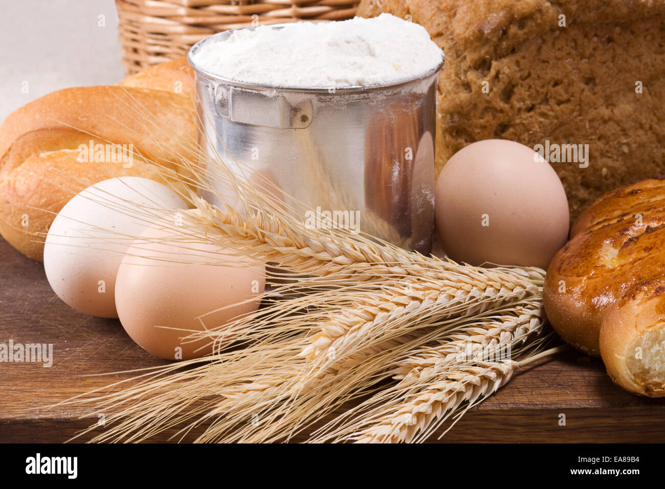 set of bakery products on wood board Stock Photo - Alamy