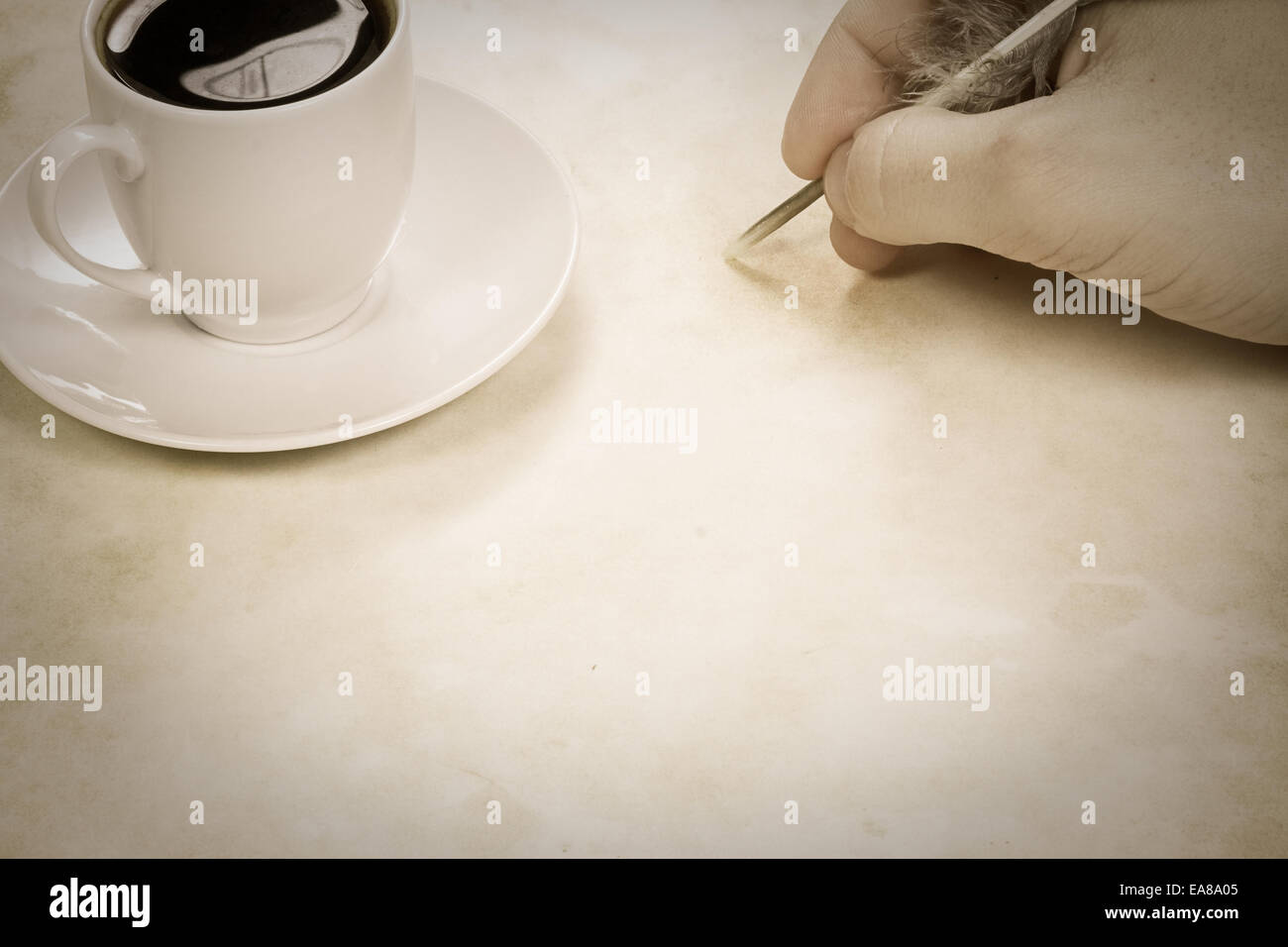 sepia image of coffee and writing hand Stock Photo - Alamy