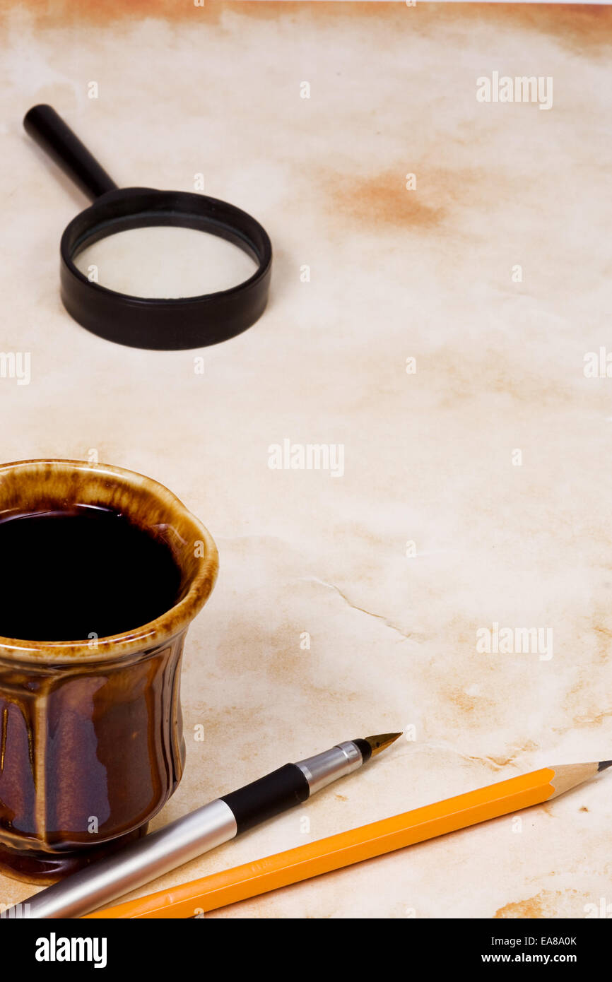 pen, pencil and coffee at paper texture Stock Photo - Alamy