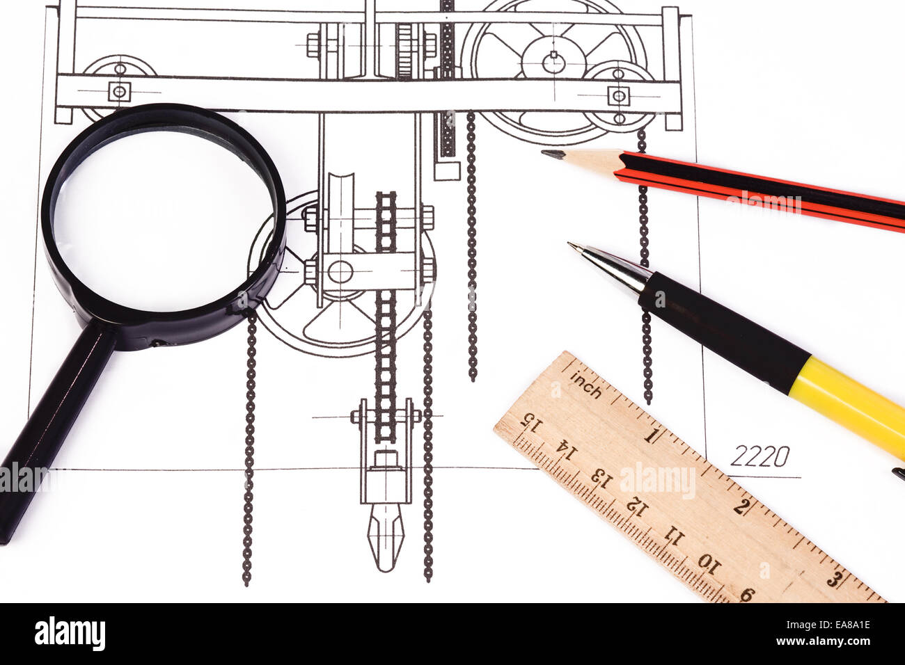 ruler, pen and magnifying glass at draft Stock Photo - Alamy
