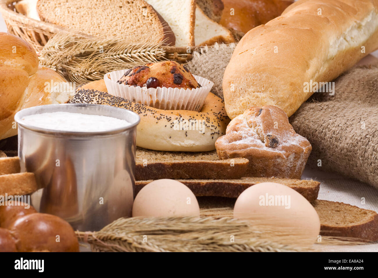 set of bakery products on sack Stock Photo - Alamy