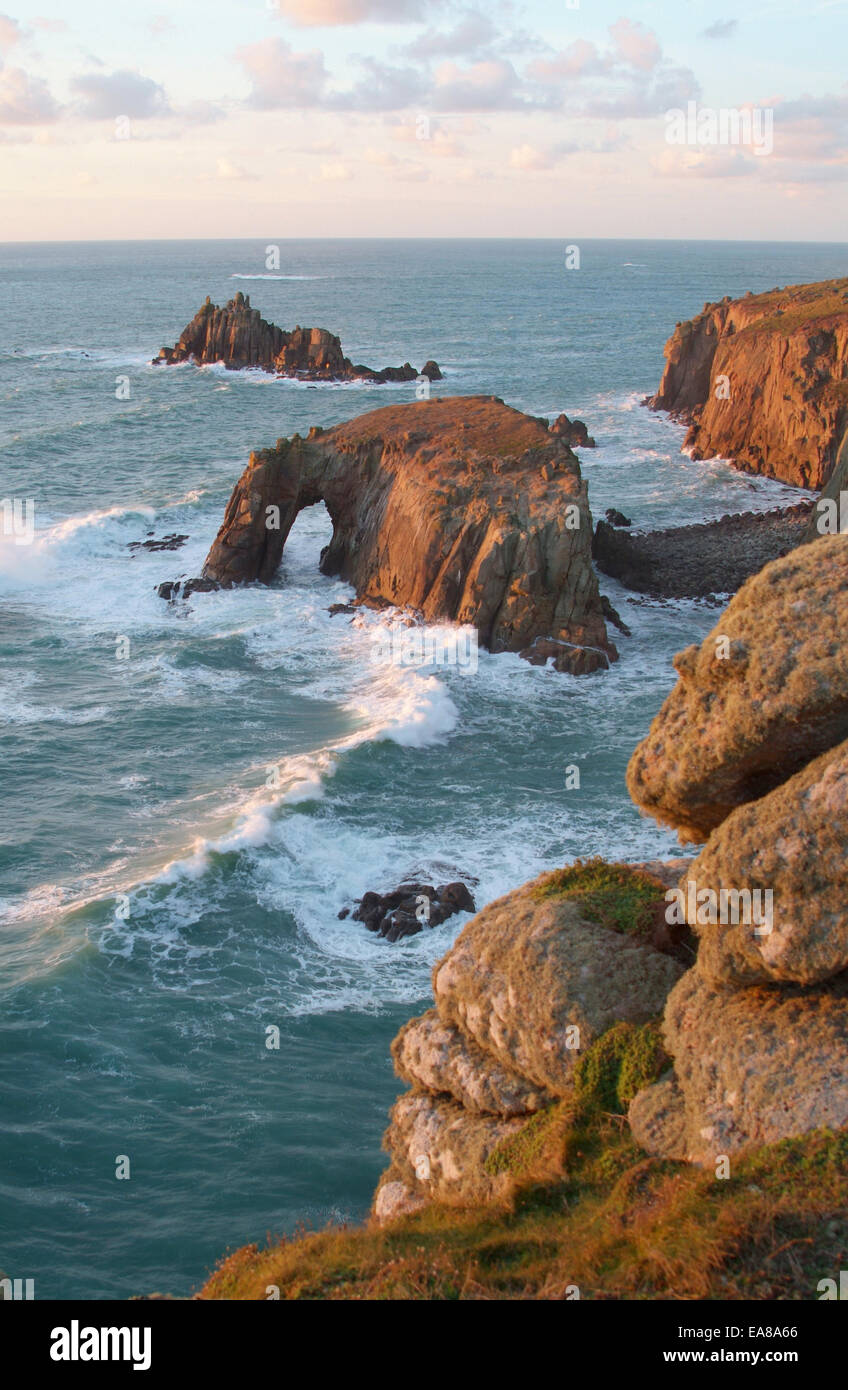 View from Carn Cheer at sunset across Zawn Wells to the Rocky Islands ...