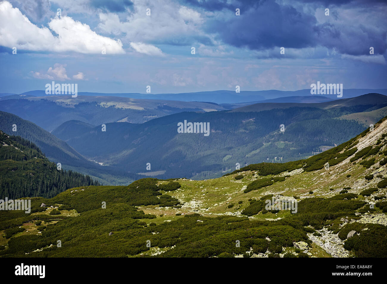 Landscape with Parang mountains in Romania, in a cloudy day Stock Photo ...