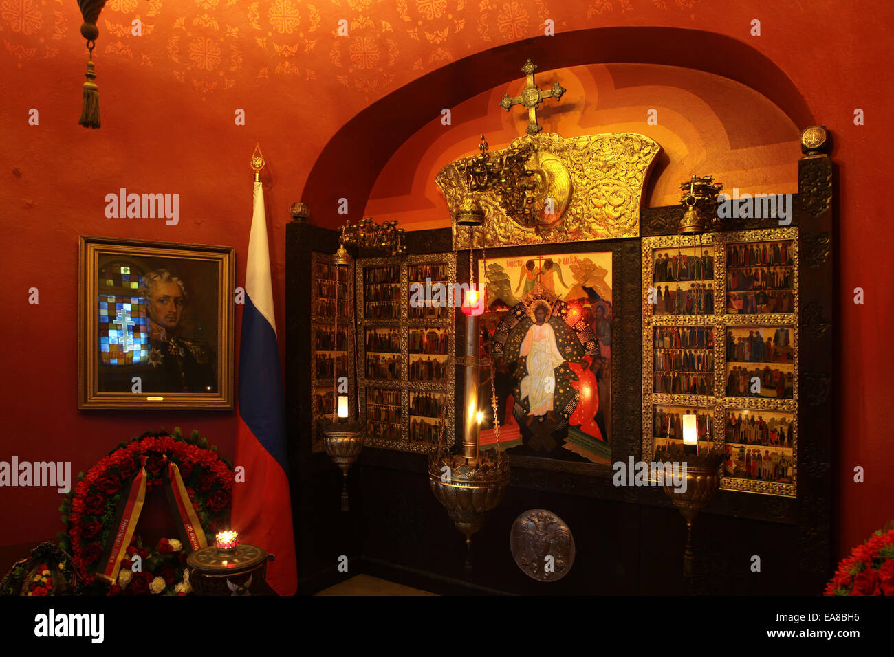 Orthodox icons in the underground crypt in the Russian Memorial Church ...