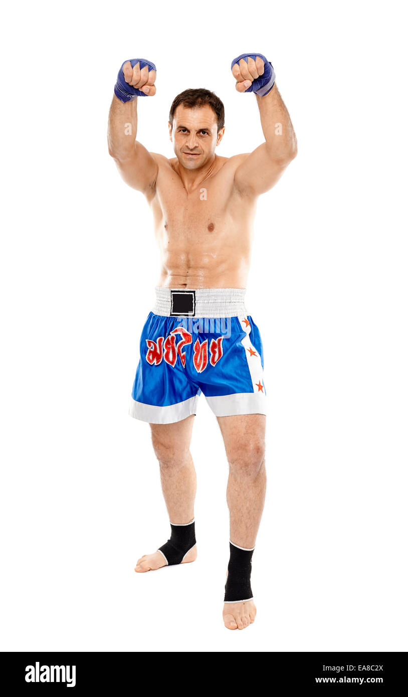 Kickbox or muay thai fighter in guard stance isolated on white ...