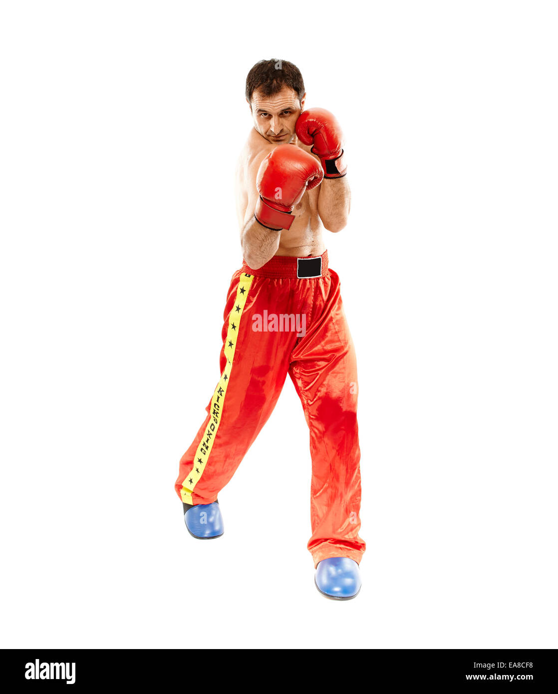 Caucasian kickboxer or muay thai fighter executing a punch, isolated on ...