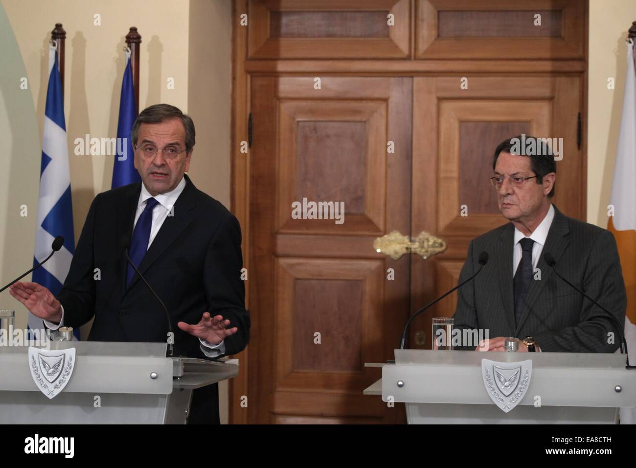 Prime minister of Greece Antonis Samaras (left) and the President of ...
