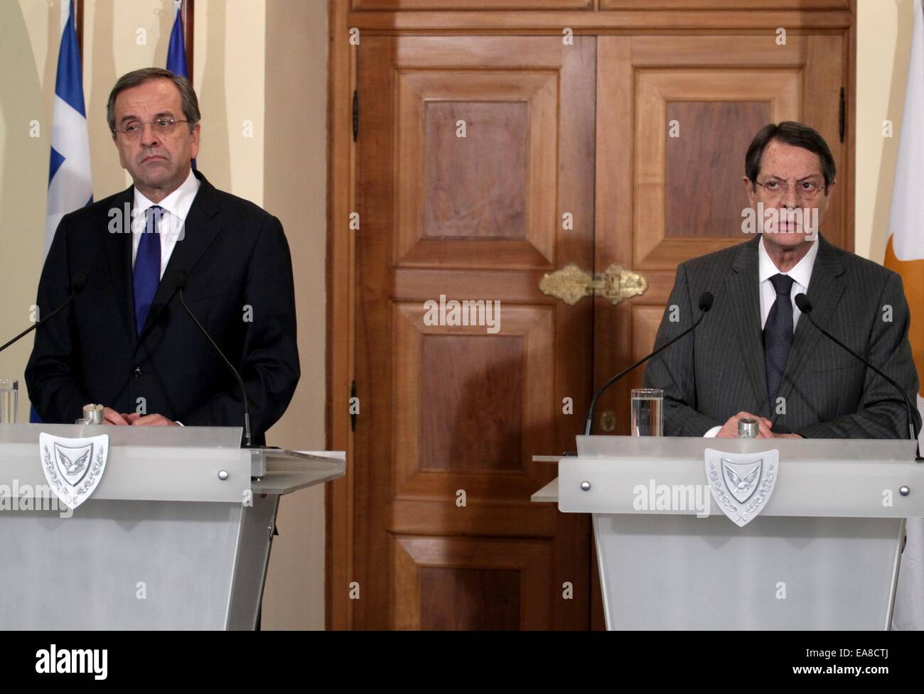 Prime minister of Greece Antonis Samaras (left) and the President of ...