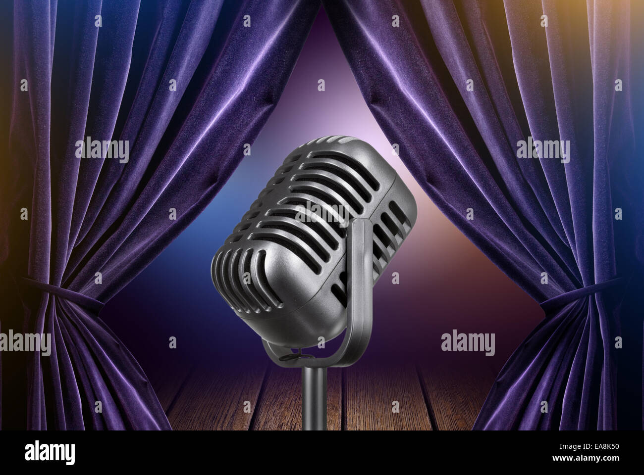 stage with open curtains and microphone Stock Photo - Alamy