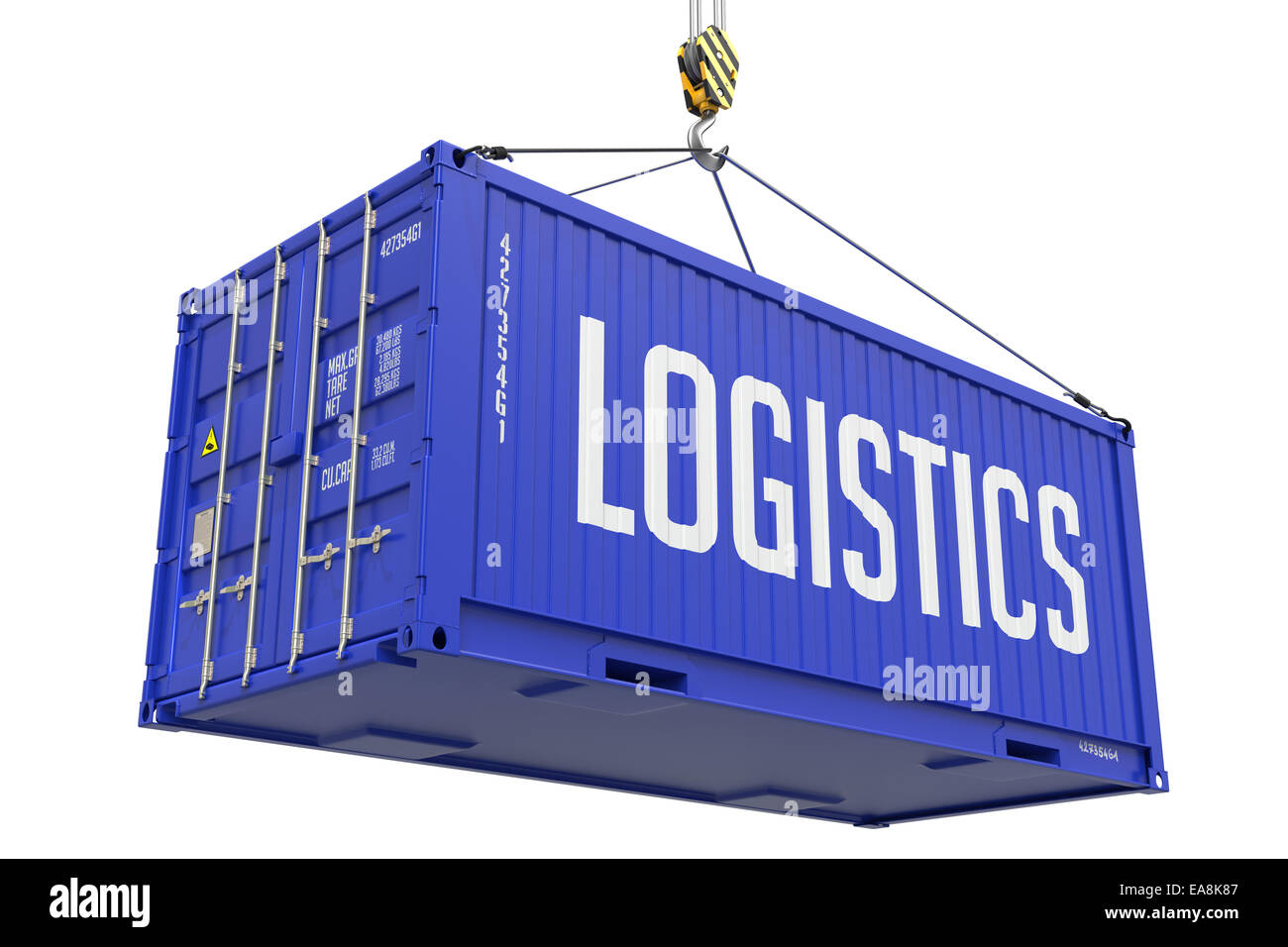 Logistics - Blue Cargo Container hoisted with hook Isolated on White ...
