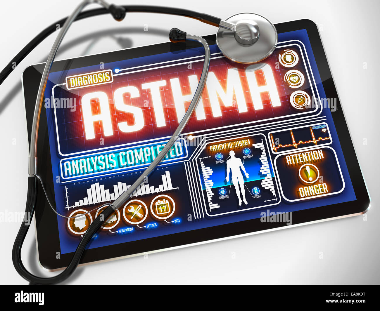 Asthma on the Display of Medical Tablet and a Black Stethoscope on ...