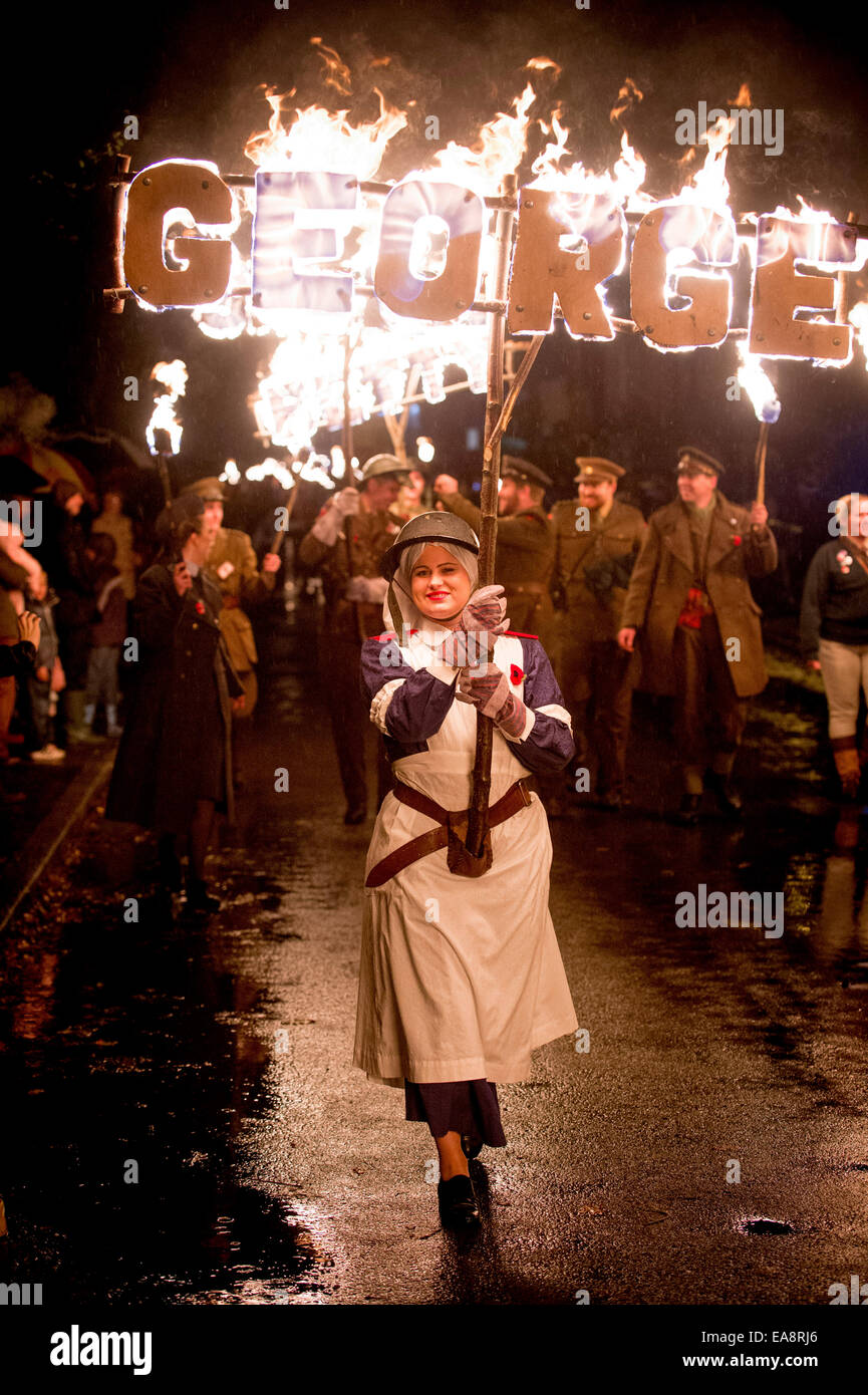 Bonfire procession for Remembrance. Spectators lined the streets of the ...