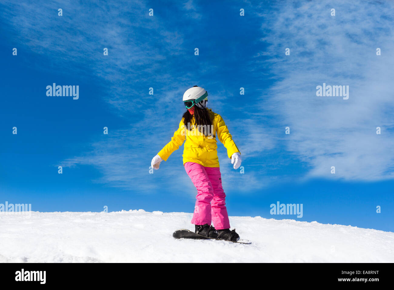 Snowboarder sliding down the hill, snow mountains Stock Photo - Alamy