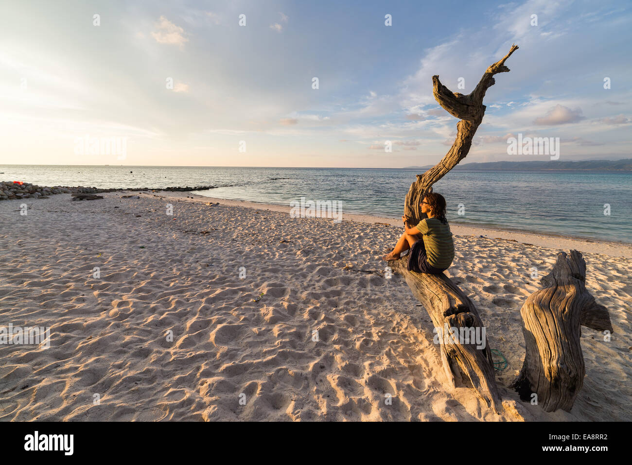 Woman resting on skeletal tree and watching a romantic colorful sunset ...