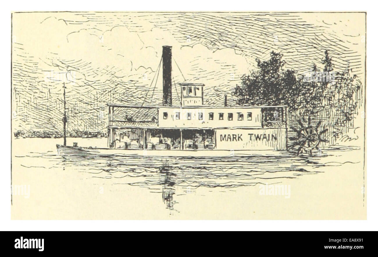 This 1883 illustration depicts the Steamer Mark Twain, a riverboat named after the famous author ...