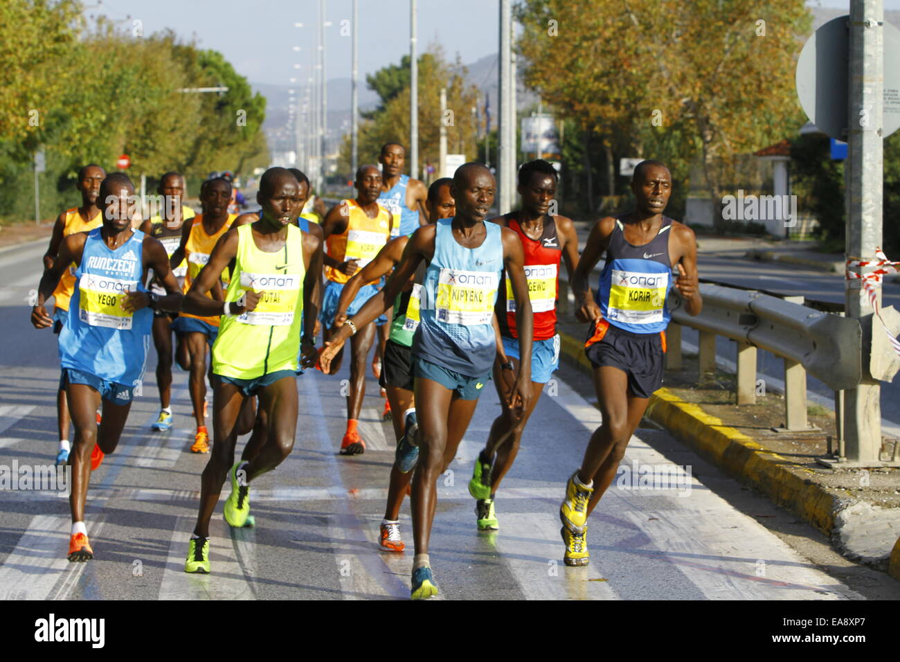 The leading group of the Athens Marathon is pictured during the race ...
