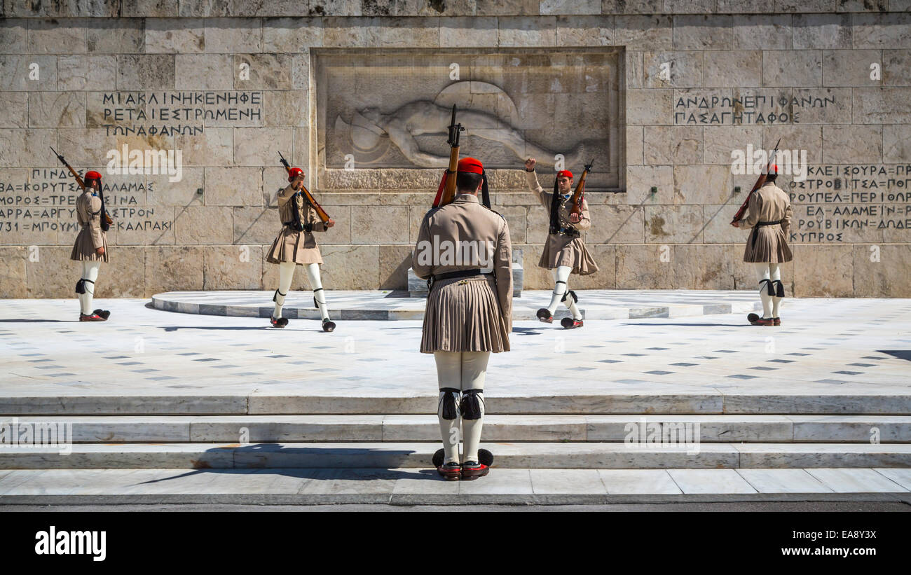Evzones perform a changing of the guard ceremony at the Tomb of the ...