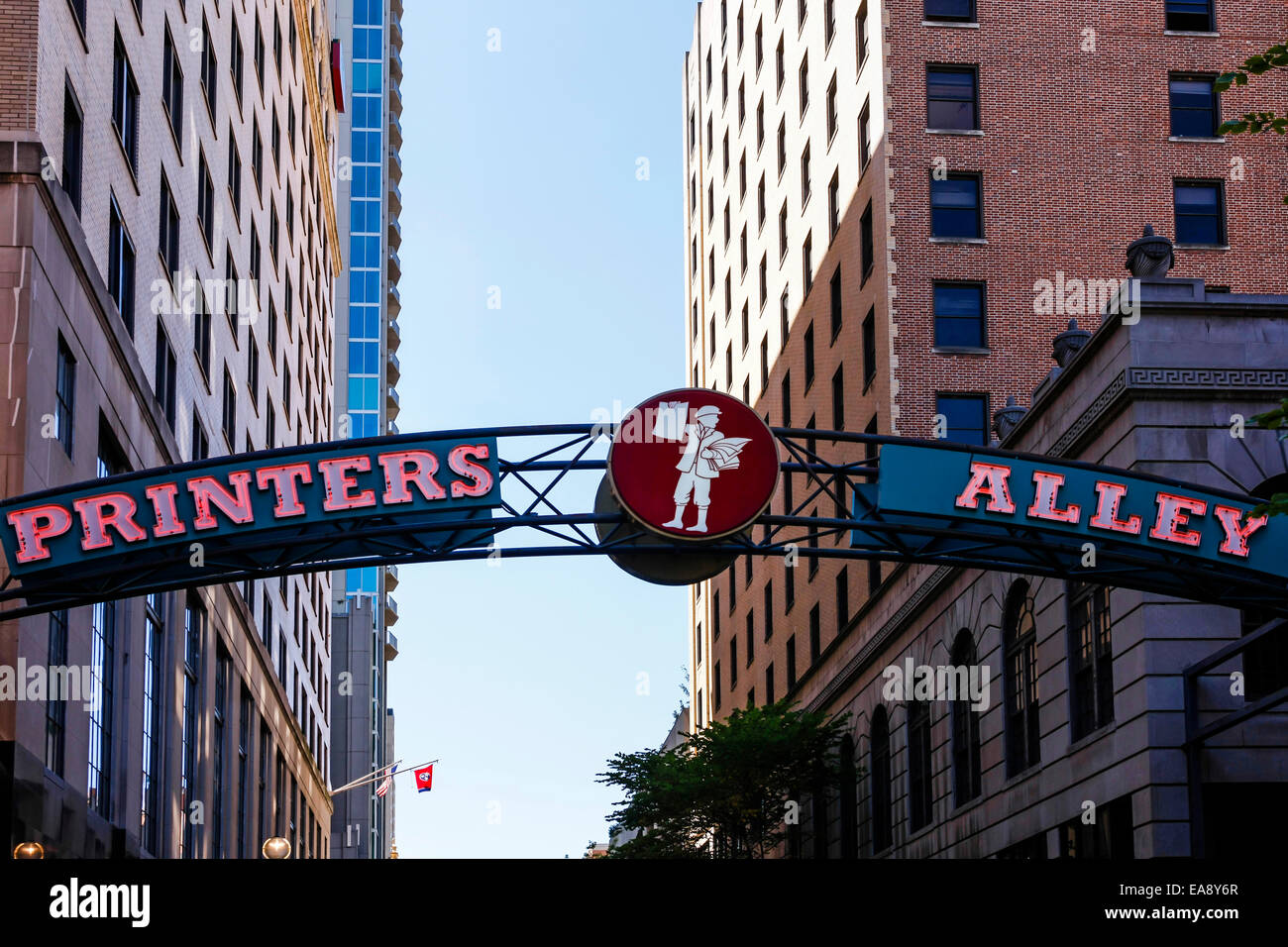 Printers Alley overhead sign in "The District" area of Nashville ...