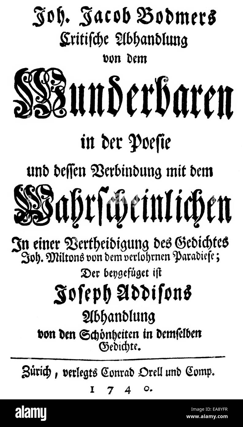 Historic print, 1740, title page by Johann Jakob Bodmer, 1698 - 1783, a ...