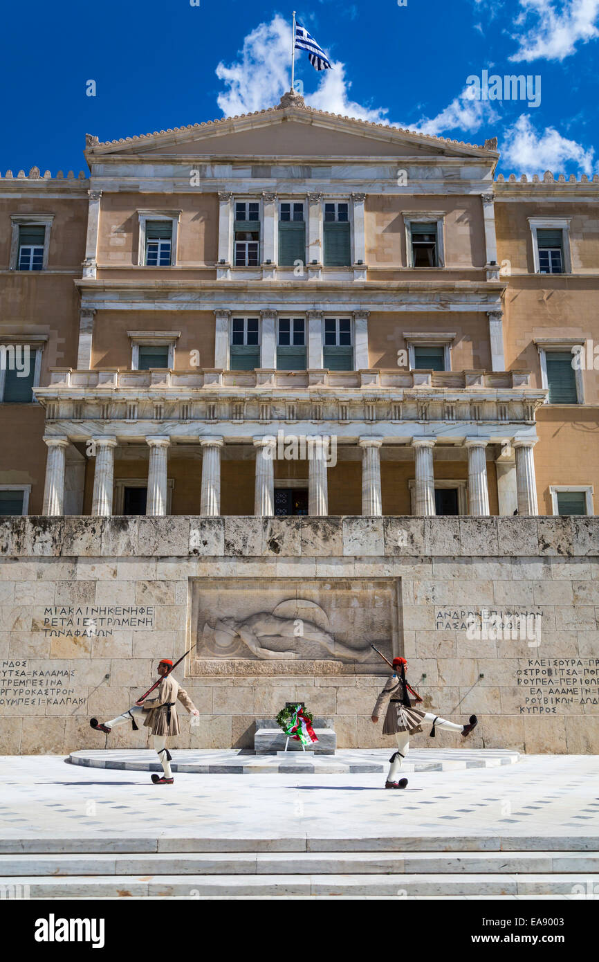 Evzones perform a changing of the guard ceremony at the Tomb of the ...