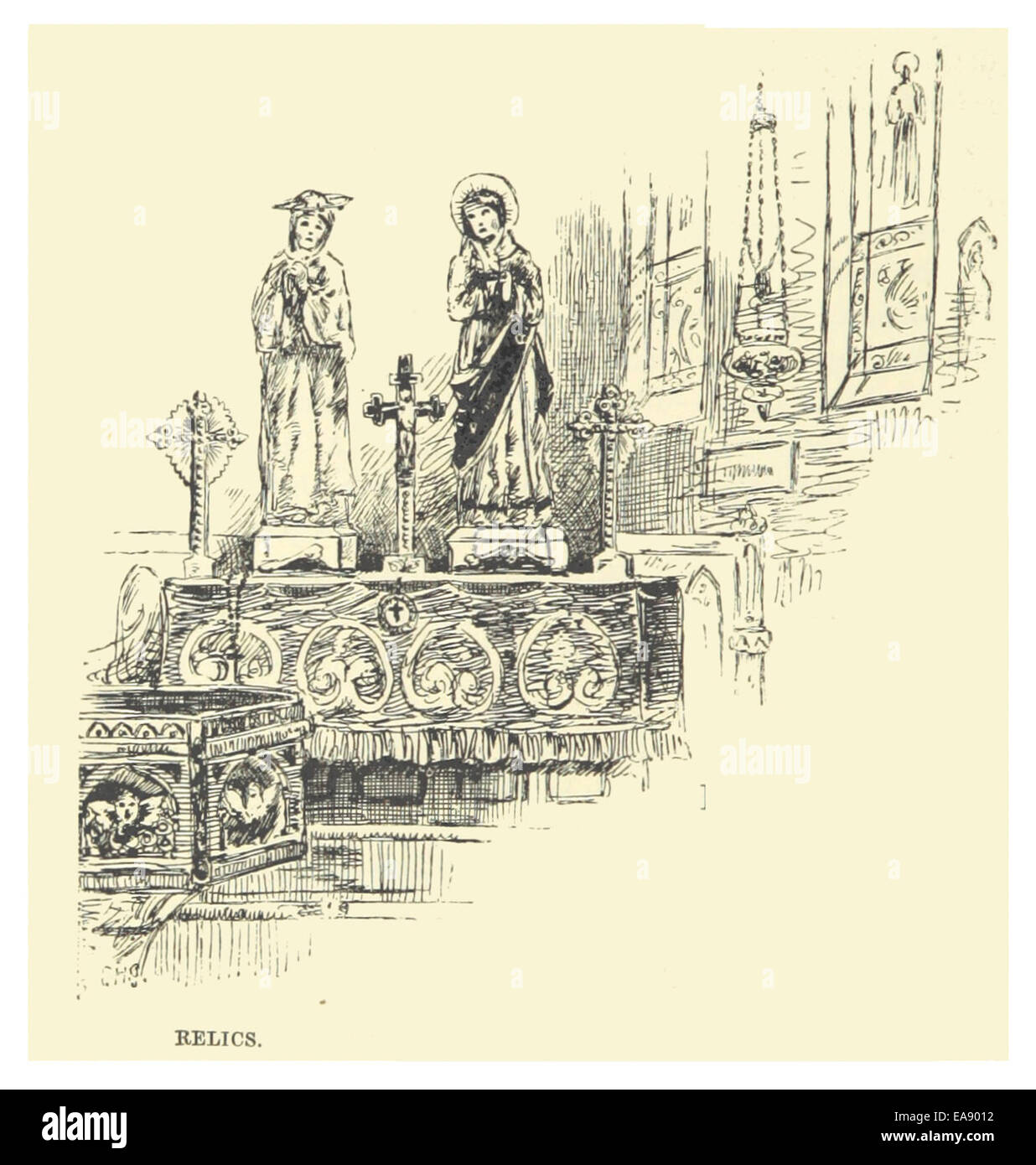 An illustration from Mark Twain’s 1883 work, depicting various relics ...