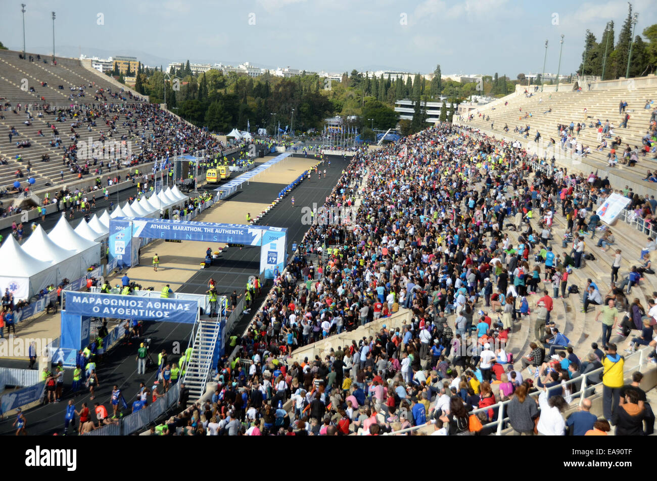 An overhead view of the Kallimarmaro stadium with the finish line of ...
