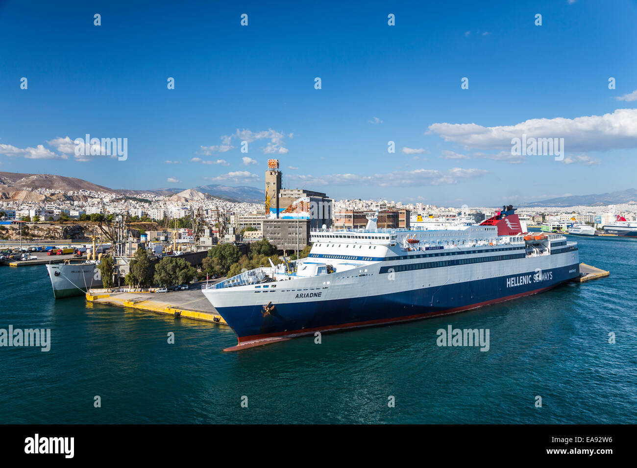 Ships in the Greek port and harbor of Piraeus near Athens, Greece Stock ...