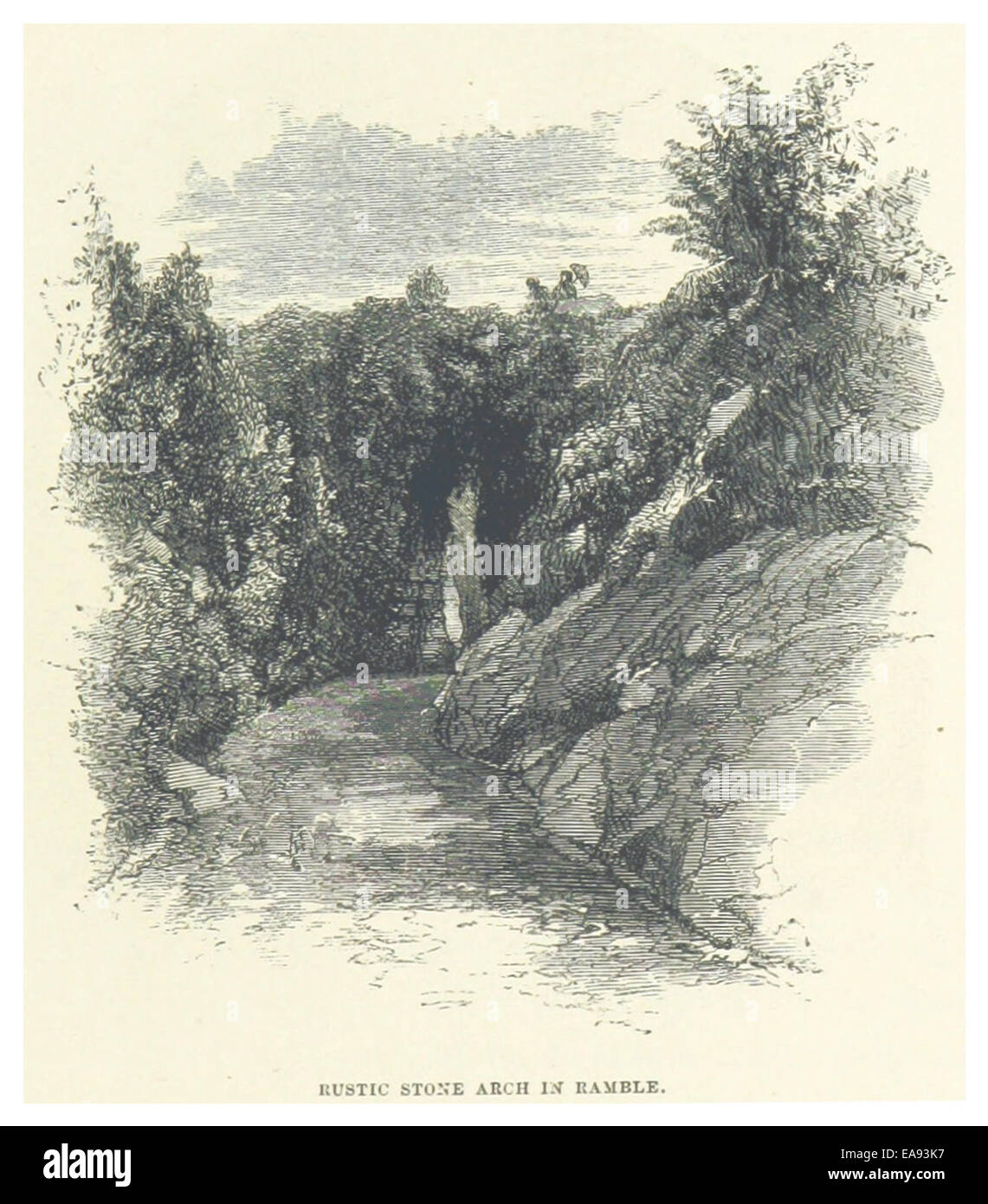 This 1869 image shows the rustic stone arch in the Ramble, a wooded ...