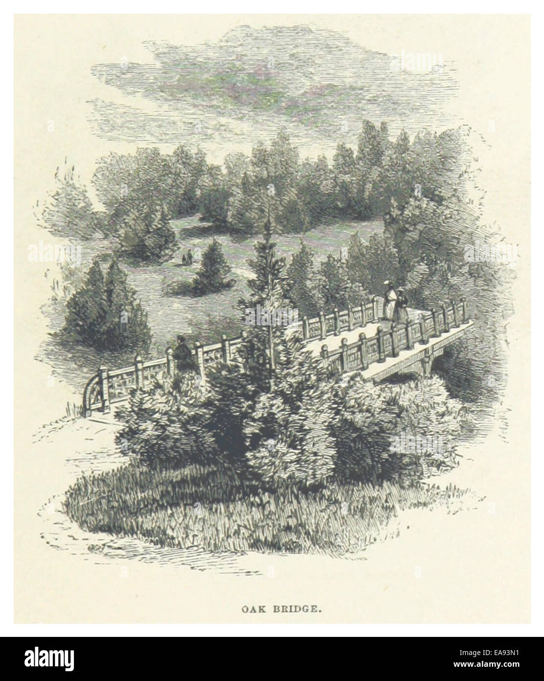 An 1869 drawing of Oak Bridge in Central Park, New York City. The ...