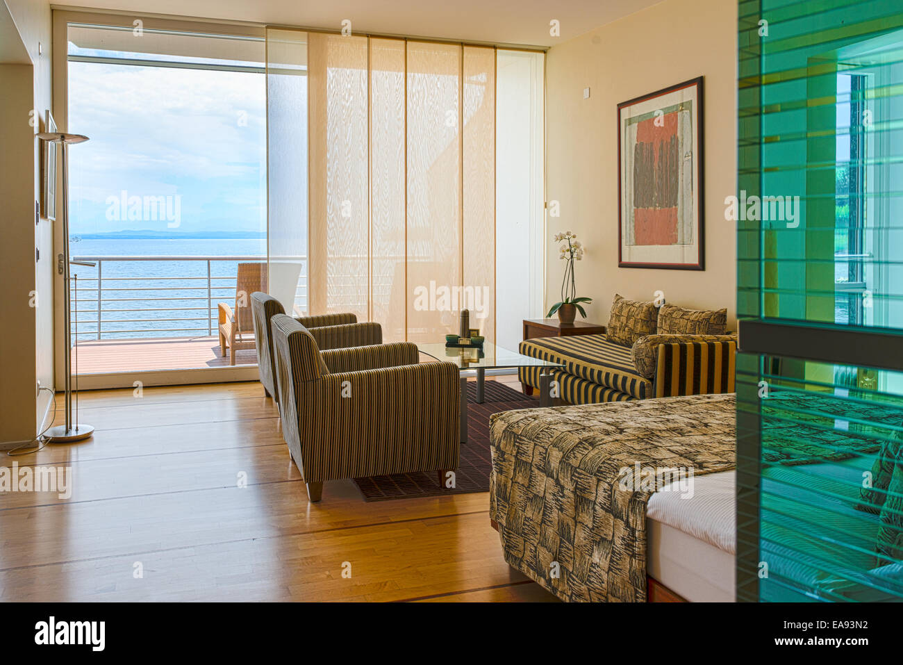 Panorama of Lake Neuchatel in Switzerland seen from a luxurious hotel ...
