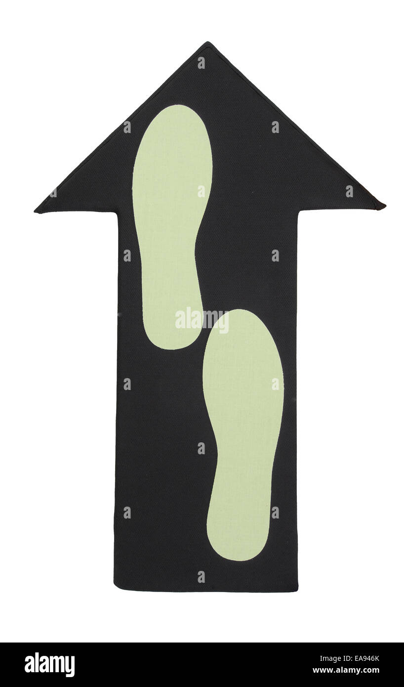Insole steps on fabric arrow. Walk this way. Isolated on white ...