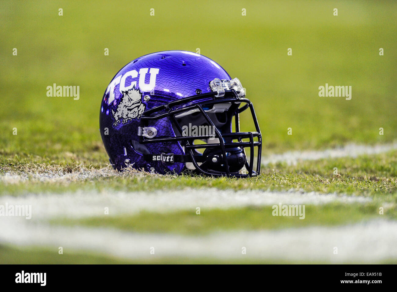 A TCU helmet on the field prior to the Horned Frogs playing the Kansas ...