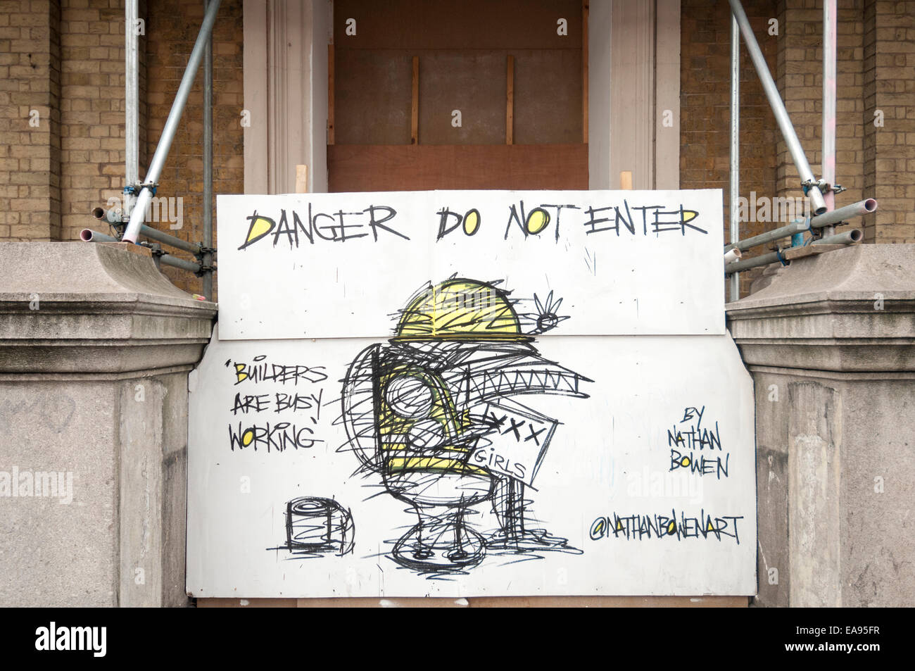Danger do not enter construction site cartoon graffiti sign in London ...